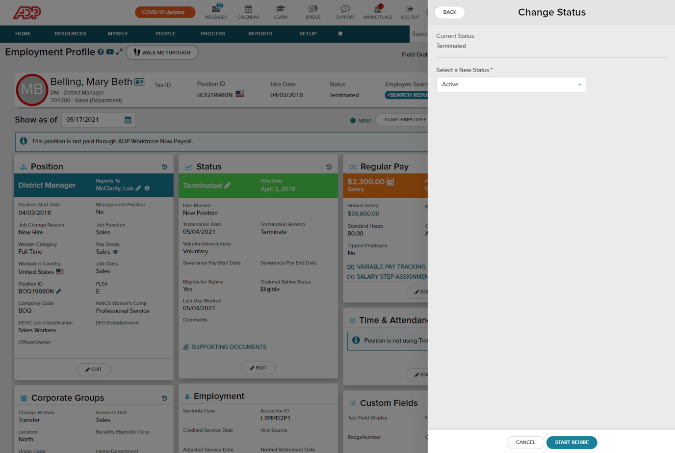 How to rehire an employee with ADP WFN integration?