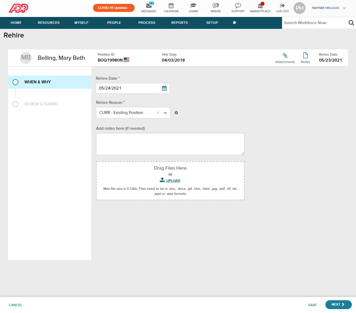 How to rehire an employee with ADP WFN integration?