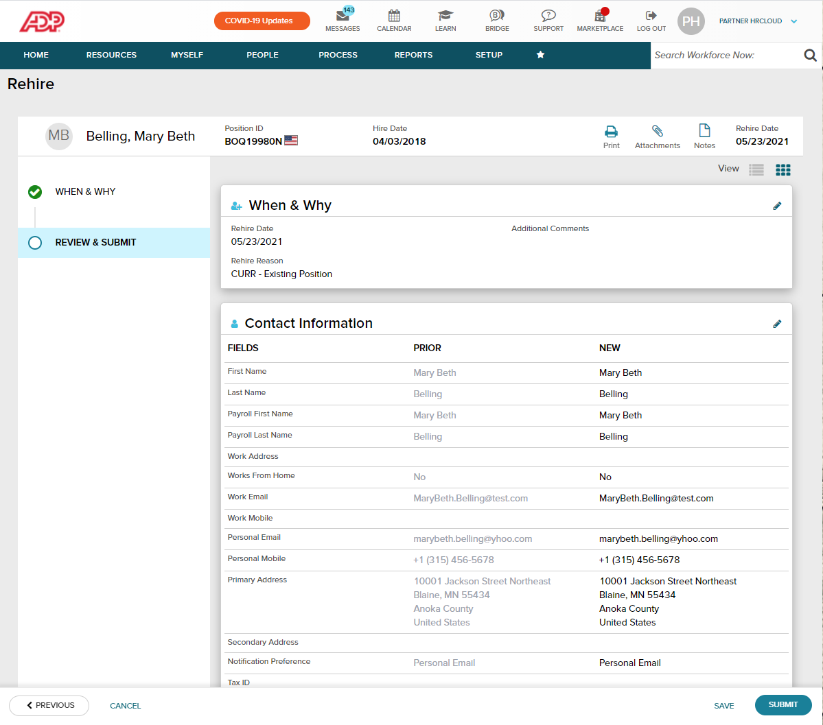 How to rehire an employee with ADP WFN integration?